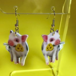 Jewelry | Little Pig With Daisies Acrylic Earrings | Poshmark